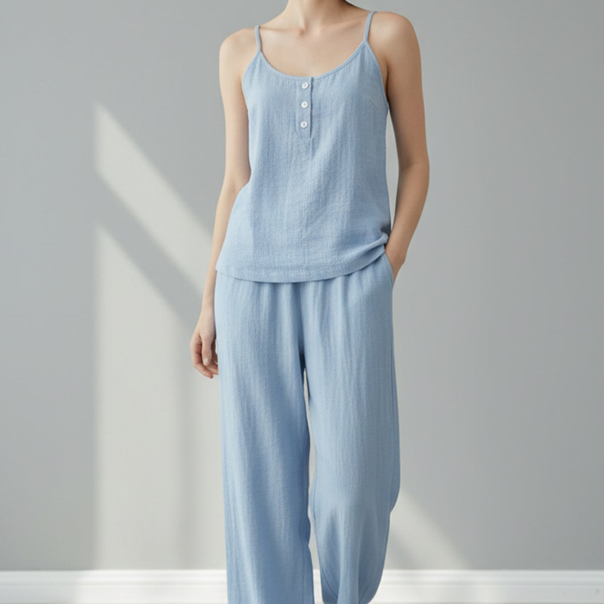 Solid Color Cotton Spaghetti Straps Long Pants Set – AROLORA