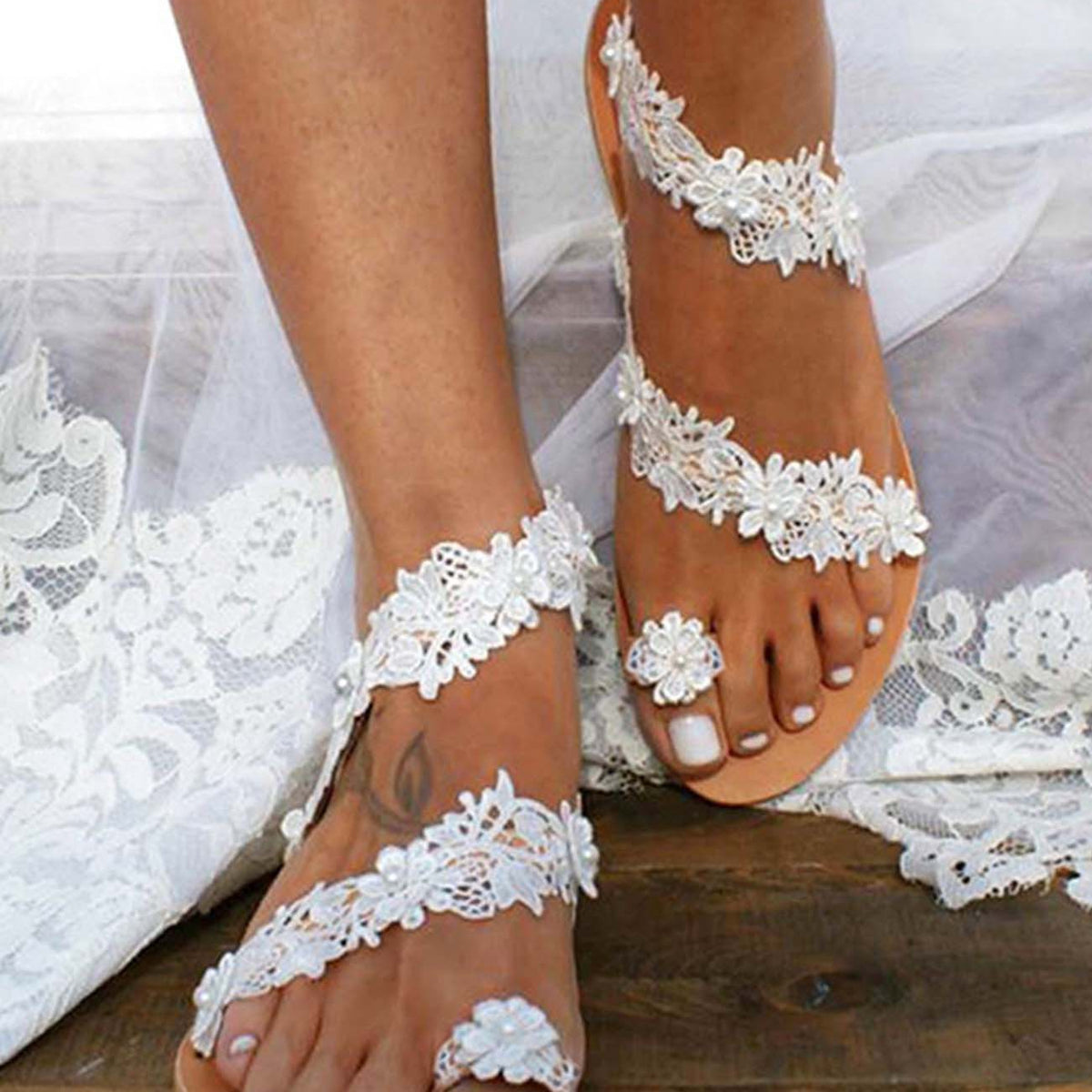 Toe Ring Lace Flower Pearl Sandals – AROLORA